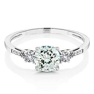 Gem Stone King 10K White Gold 6MM Round Gemstone Birthstone White Created Sapphire & White Diamond Accent 3-Stone Engagement Ring | Three-Stone Wedding Anniversary Promise Ring For Women