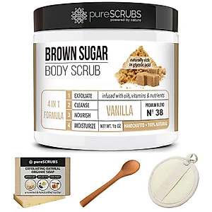 pureSCRUBS Premium Vanilla Brown Sugar Scrub | Face, Feet & Full Body Scrub | Large 16oz Jar Includes Wooden Spoon, Loofah & Mini Exfoliating Bar Soap