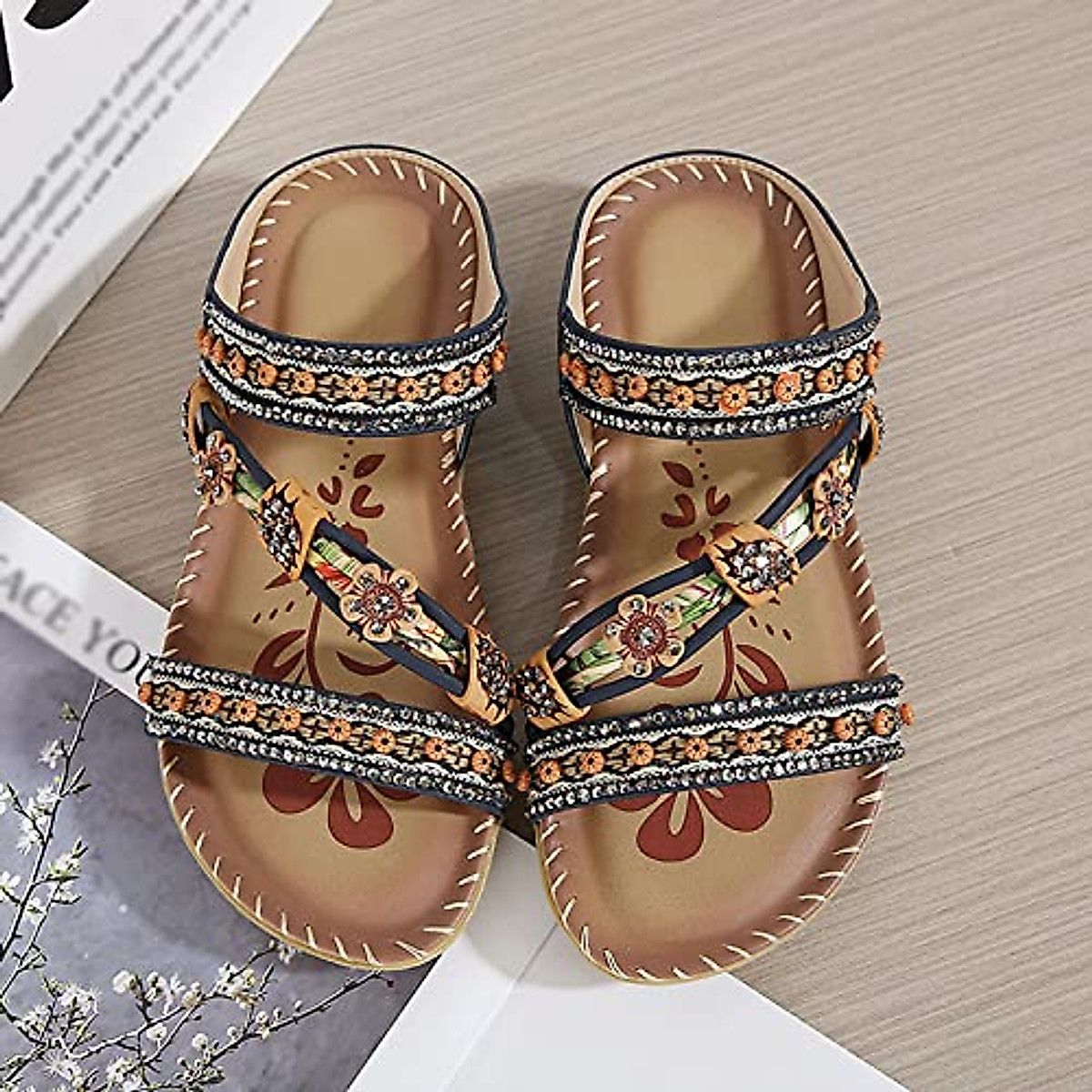 Summer Fashion Women Casual Open Toe Flat Flowers Rhinestone Comfortable Soft Bottom Soft Cushion Sandals for Women (Blue, 7.5)