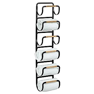 mDesign Wall Mount Towel Storage Rack for Bathroom - 6-Tier Hanging Organizer Mounted Holder Shelf for Multiple Bath Towels or Robes - Steel Metal and Wood - Yami Collection - Matte Black/Natural