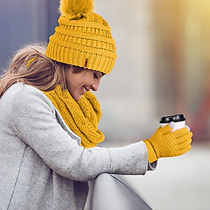 Aneco Womens Winter Warm Sets Knitted Fur Pompoms Beanie Hat Circle Loop Scarf Touch Screen Gloves Winter Favor Accessories