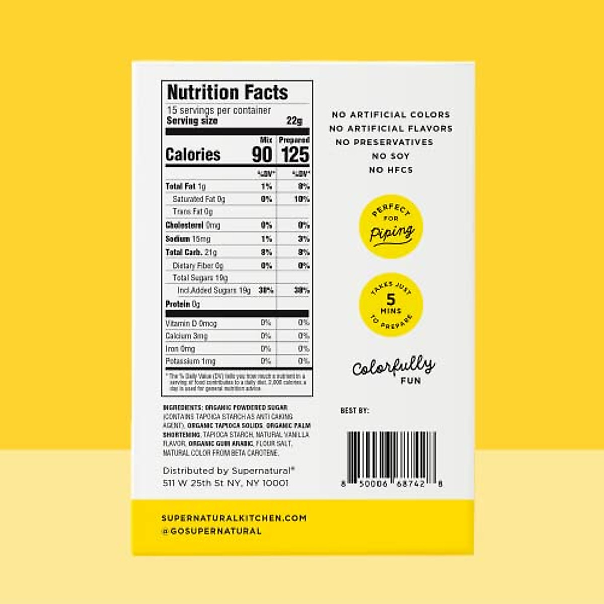 Naturally Colorful Vanilla Frosting by Supernatural - Sunshine Yellow - No Artificial Dyes, Vegan, Organic Ingredients, 12oz