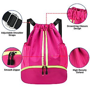 Aucuu Drawstring Backpack, Waterproof Sports Backpack, Large Sports Gym Bag With Shoe Compartment and Water Bottle Mesh Pockets, for Sports Beach Holidays Swimming Travel (Rose Red)