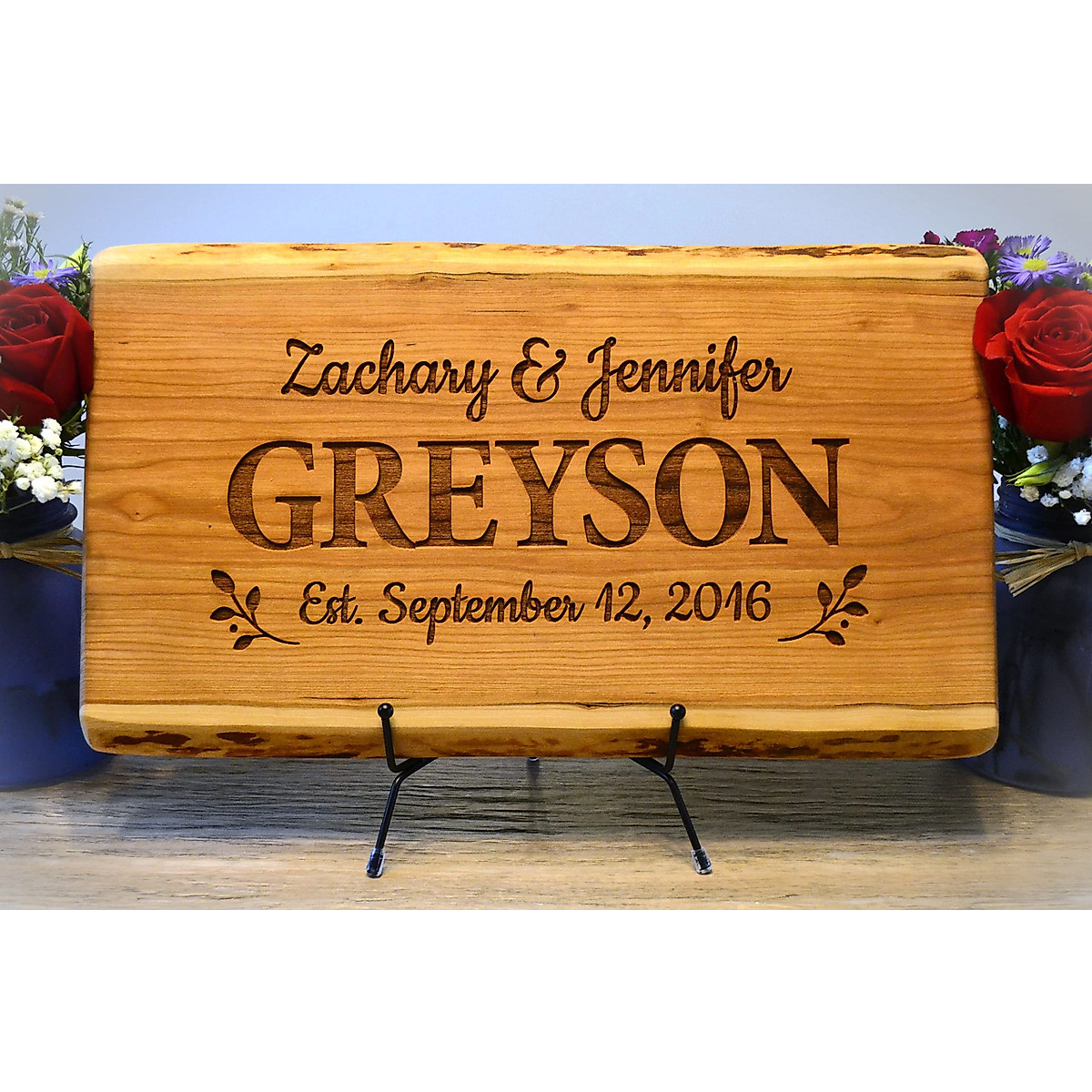 Personalized Cutting Board Wedding Gift Live Edge Cherry Wood - Engraved Unique Customized Artisan Rustic Display Bride Groom Couple Newlywed Anniversary Housewarming Christmas Bridal Shower