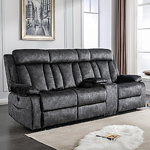 GUEAPY 3 Seater Recliner Sofa Reclining Loveseat with Console Power Reclining Sofa with Heat and Massage, Cup Holders, USB & Type-C Charge Ports for Living Room (Grey)