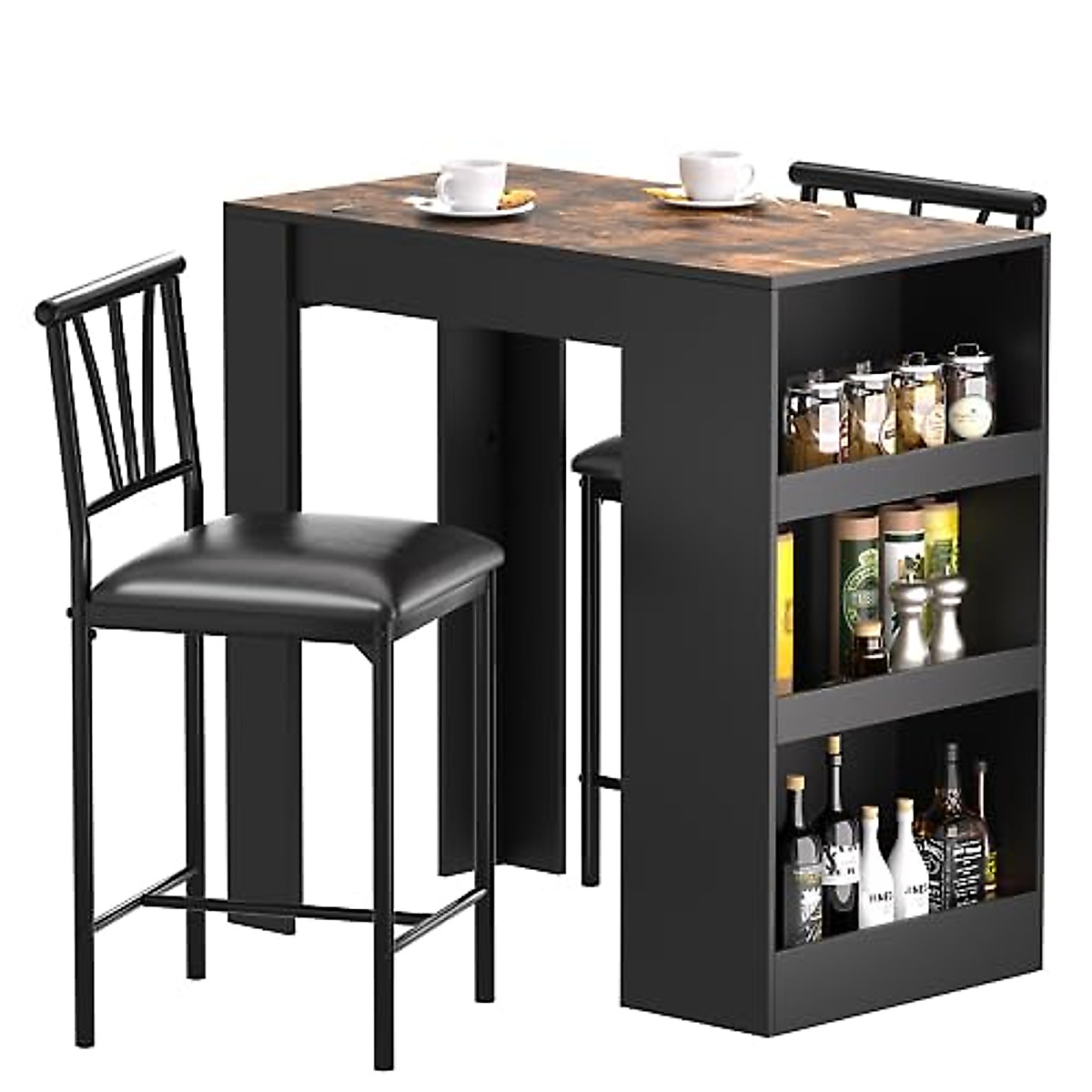 VECELO Small Bar Table and Chairs Tall Kitchen Breakfast Nook with Stools/Dining Set for 2, Storage Shelves, Space-Saving, Black