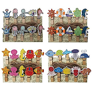 SaktopDeco 40 Counts Mini Ocean Nautical Wooden Clothespins with Jute Twine Small Sea Wood Decorative Clips for Pictures Memo Card Photo