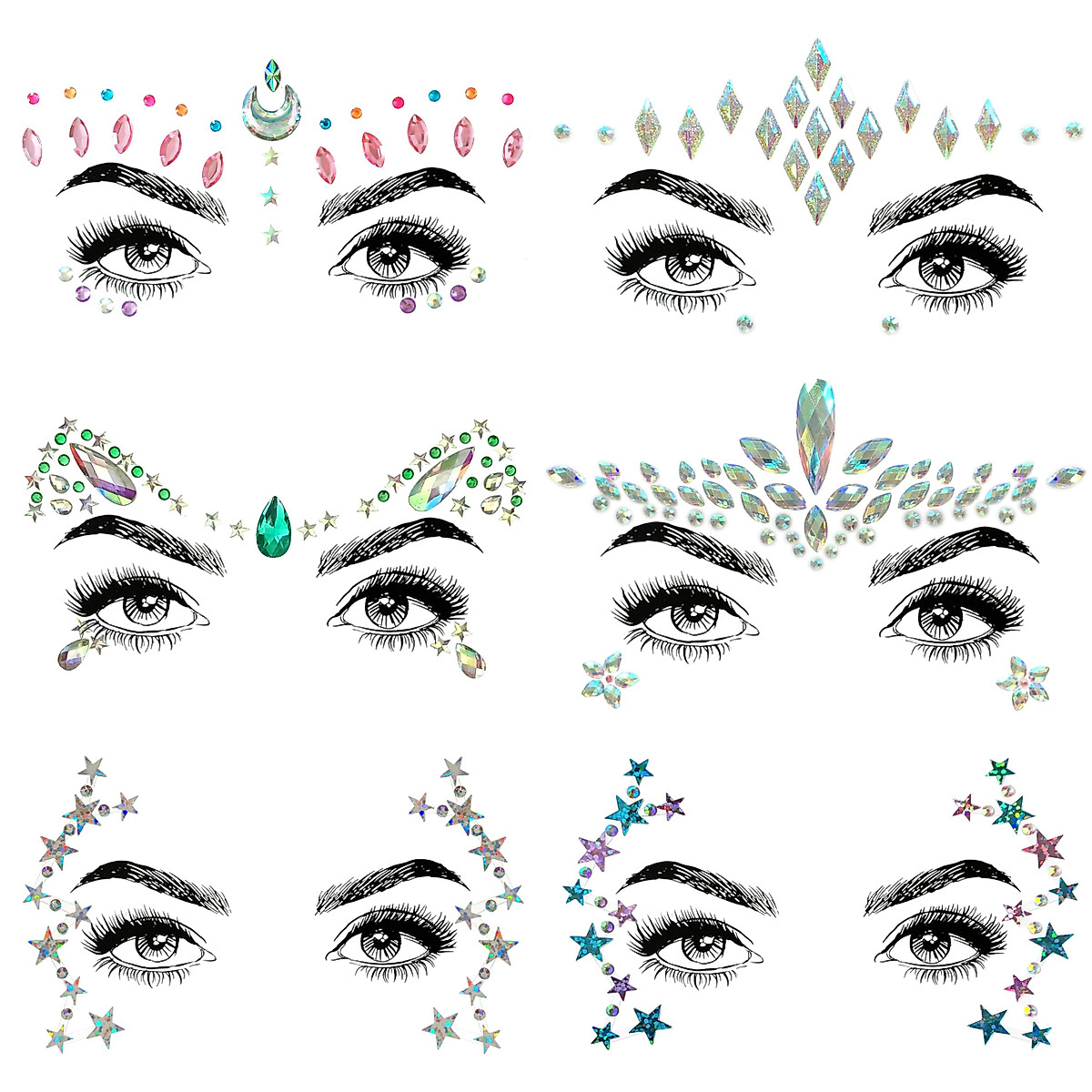 SHINEYES 6 Pcs Music Festival Face Jewels, Rhinestone Rave Face Gems Glitter,Crystal Birthday Party Festival Face Sticker, Eyes Face Body Temporary Tattoos for Festival Party