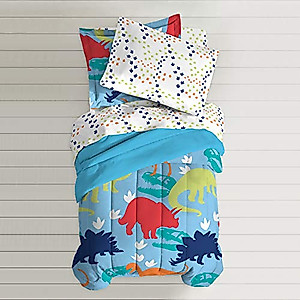 Dream Factory Dinosaur Prints Boys Comforter Set with Sheets, Kids Bedding Bed in a Bag, Multi-Colored, Twin, Blue Red
