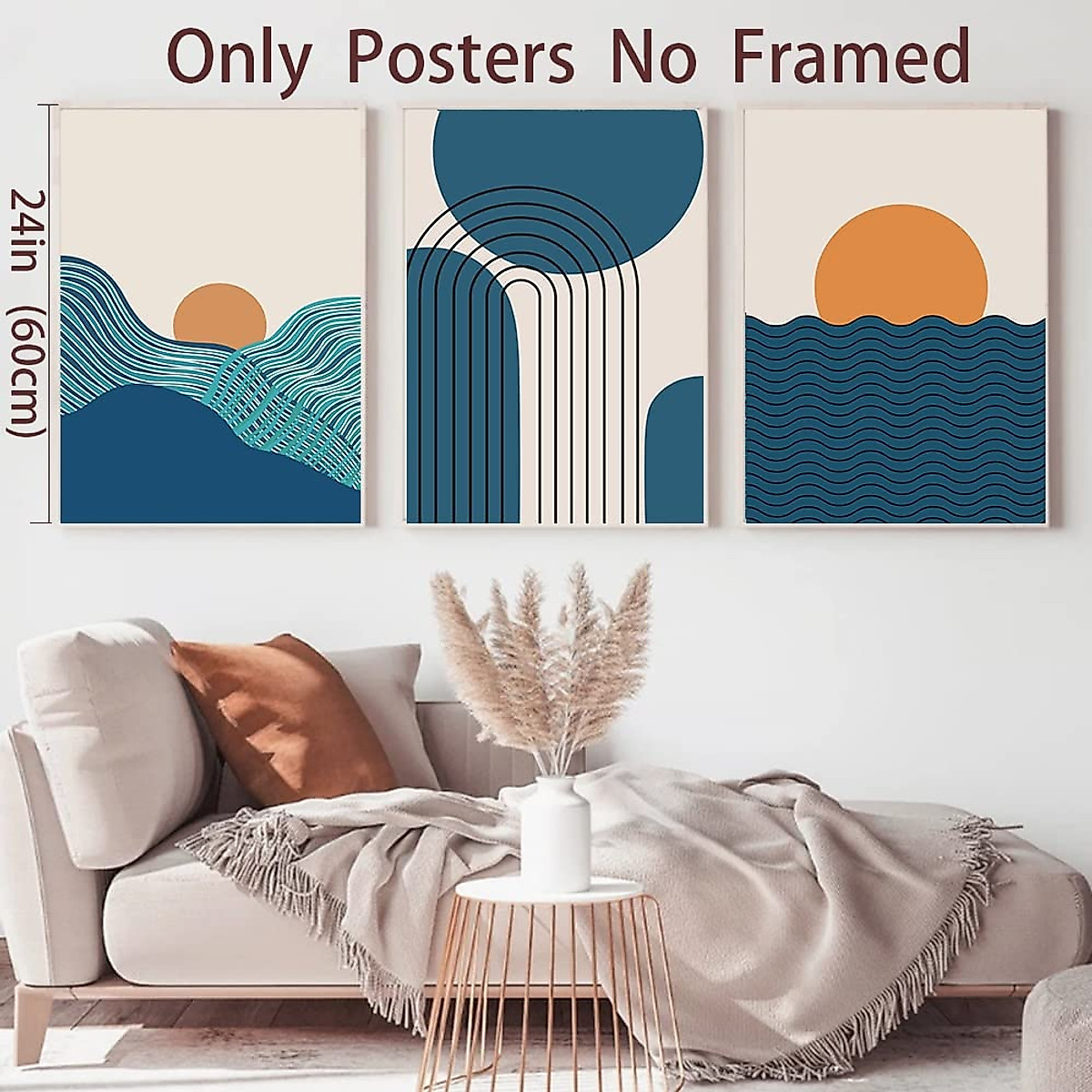 Boho Wall Art Decor Set of 3 Mid Century Blue Modern Rainbow Wall Decor 16x24in Canvas Paintings Print Minimalist Line Sun And Moon Artwork For Bedroom Living Room Nursery Aesthetic Bathroom