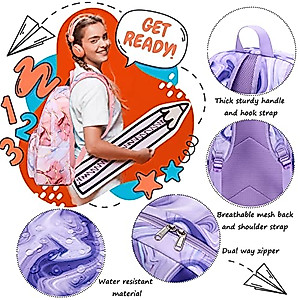 Jumpopack 3 Pcs Girls Backpack Lightweight Waterproof Girls Backpack with Lunch Box 16inch Laptop Sleeve Backpack for Teen Girls School Backpack School Bag Bookbag (Marble Purple)