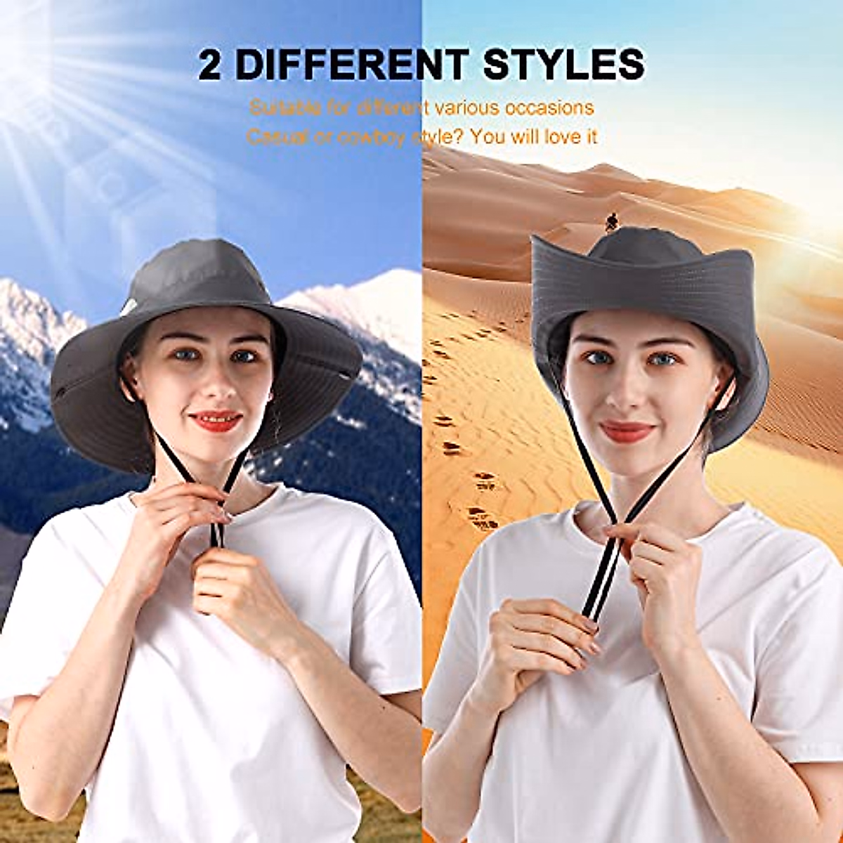 Tutuko Womens Wide Brim Sun Hats Foldable UV Protection Beach Bucket Hats Ponytail Mesh Fishing Hat (Pure Grey)