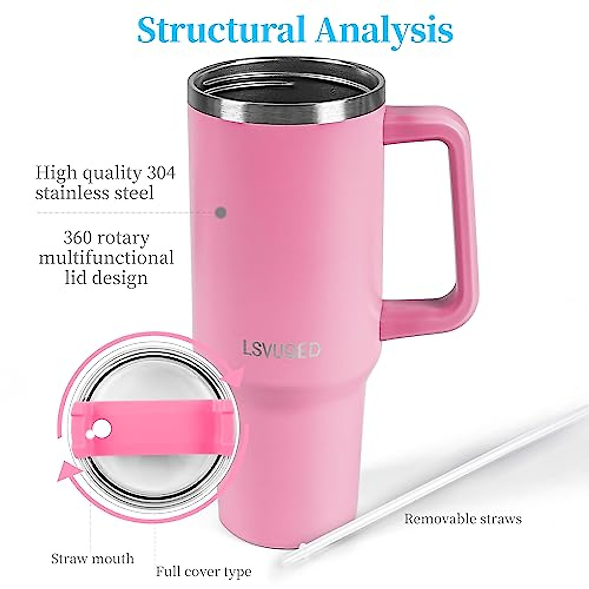 LSVUQED 40 oz Tumbler with Handle and Straw Lid, Insulated Reusable Stainless Steel Travel Mug Keeps Drinks Insulation up to 12 Hours, Leakproof Bottle for Water, Tea or Coffee and More.(Hot Pink)