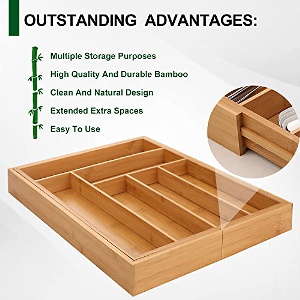 HIWARE Kitchen Utensil Organizer Silverware Organizer Silverware Tray For Drawer, Expandable Bamboo Kitchen Drawer Organizer, Large Utensil Cutlery Organizer/Holder