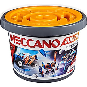 Meccano Junior, 150 pcs Bucket STEAM Model Building Kit for Open-Ended Play, Grey