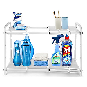 Simple Trending 2-Tier Under Sink Expandable Cabinet Shelf Organizer Rack with 8 Removable Panels for Kitchen Bathroom Storage, White