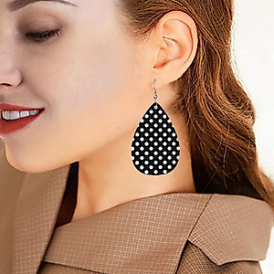 Black White Polka Dot Faux Leather Earrings For Women Lightweight Teardrop Dangle Earrings Gift