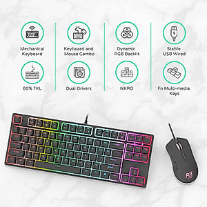 RK ROYAL KLUDGE RK987 Gaming Keyboard and Mouse, Wired Mechanical Keyboard 87 Keys and RGB Gaming Mice Combo, Programmable Computer Desktop Gaming Accessories, Brown Switches-Black Set