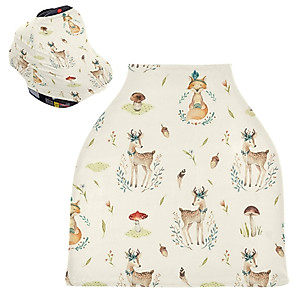 YYZZH Fox Deer Pattern Watercolor Boho Forest Animal Floral Mushroom Stretchy Baby Car Seat Cover Infant Canopy Nursing Covers Breastfeeding Cover Breathable Windproof Winter Scarf for Boys Girls