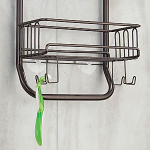 mDesign Modern Metal Wire Bathroom Tub & Shower Caddy, Hanging Storage Organizer Center - 2 Wash Cloth/Razor Hooks, 3 Baskets - for Bathroom Shower Stalls, Bathtubs - Rust Resistant - Bronze