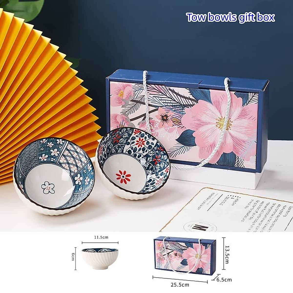 RYUHYF ceramic bowl, Japanese rice bowl, with gift box. 10 oz thick blue and white porcelain bowl, kitchen cereal bowl, dessert bowl (Two bowls set)