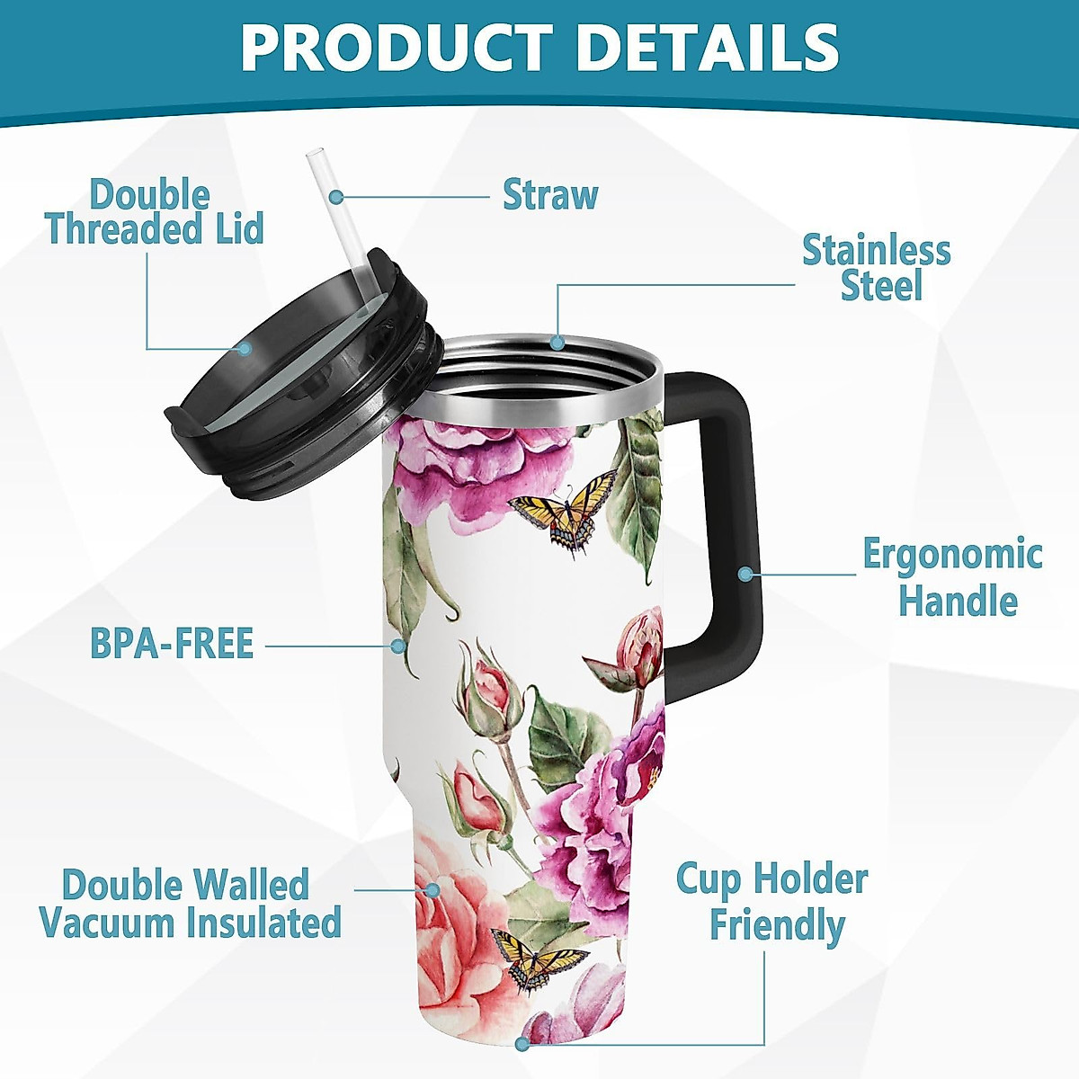 Yasala Car Tumbler with Handle Peony Butterfly Watercolor Travel Mug Coffee Cup Insulated Beverage Container Mega Cup for Hot Cold Drinking Thermos Water Bottle Cupholder Friendly 40 oz