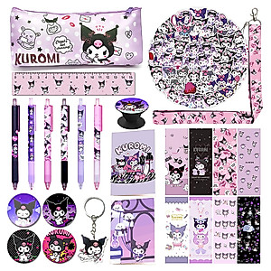 KUROMI School Supplies Gift Set, Including Notebook Pencil Case Pens Stickers Button Pins Lanyard Keychain Ruler Bookmarks Phone Ring Holder