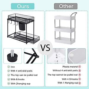 UHIAGREE Under Sink Organizers and Storage, 2 Tier Under the Sink Organizer with Pull out Sliding Drawers, Under Kitchen Sink Organizers and Storage with Hooks Hanging Cup for Kitchen Bathroom