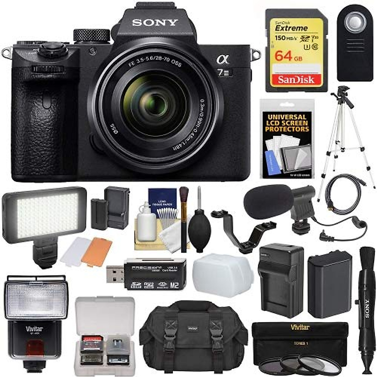 Sony Alpha A7 III 4K Digital Camera & 28-70mm FE OSS Lens with 64GB Card + Battery & Charger + Case + 3 Filters + Tripod + Flash + LED Light + Mic Kit
