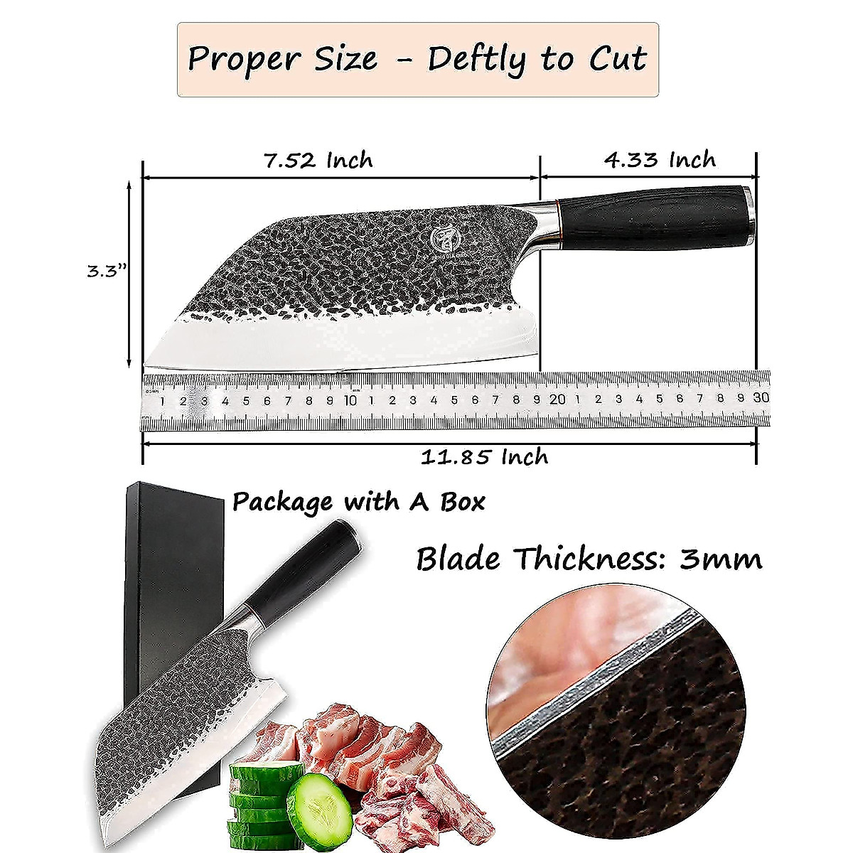 Authentic Serbian Chefs Knife - 7.5'' Full Tang Cleaver Knife - Razor Sharp High Carbon Steel - Rivet Pakka wood Handle for Kitchen fine cut