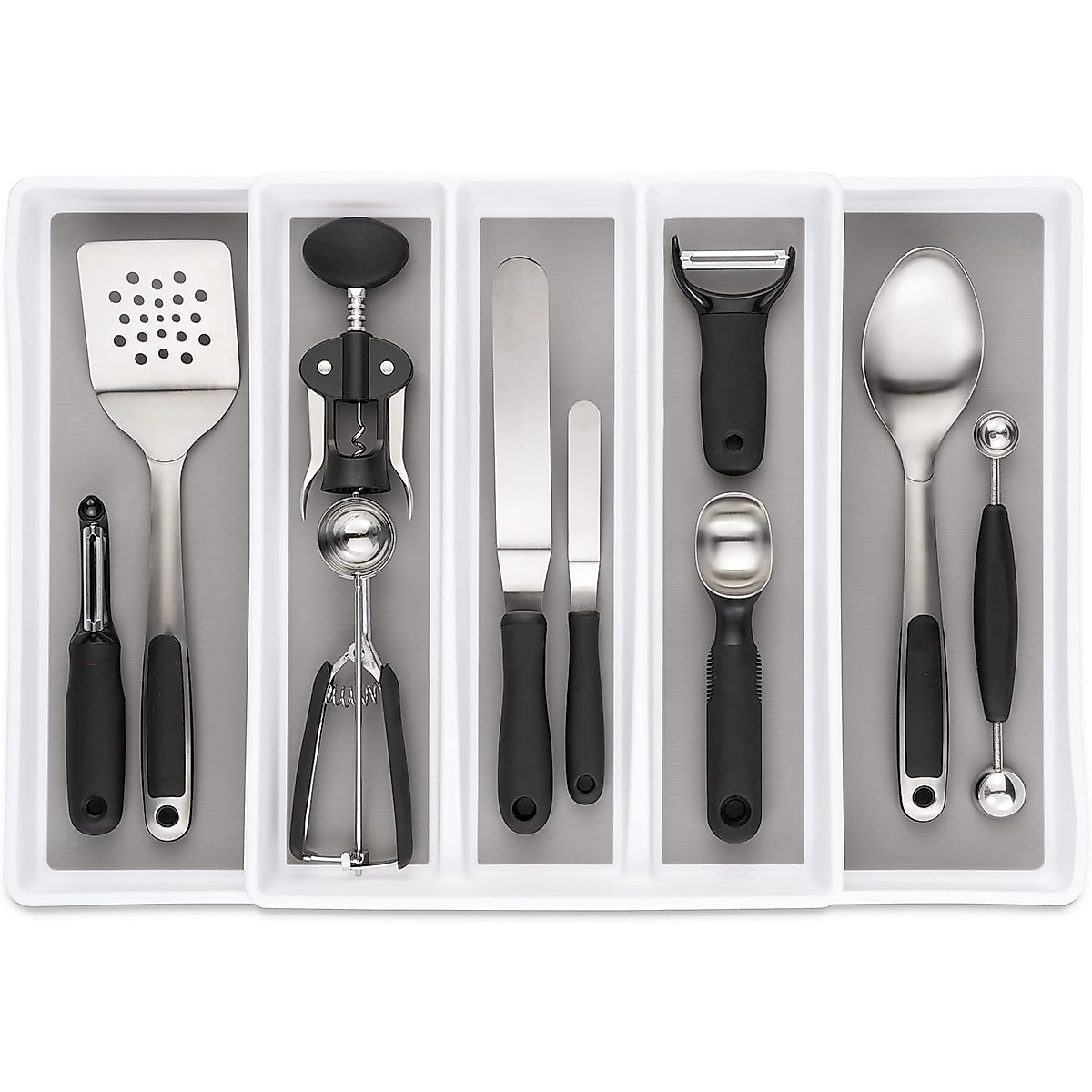 SESENO Expandable Utensil Tray Drawer Organizer, 5 Compartment Adjustable Serving Utensils Holder, Multi-Purpose Storage for Kitchen, Office, Bathroom Supplies