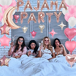 44 Pieces PAJAMA PARTY Balloons Rose Gold Moon Star Heart Aluminum Foil Balloons Pink Latex Balloons for Girls Women Slumber Party Sleepover Birthday Party Spa Party Decoration (Rose gold)