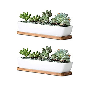 Kipokalor Succulent Planter Pot,2 Set 11.1x2.36x1.77inch Long Rectangular Modern Minimalist White Ceramic with Saucer for Office,Desk,Window.