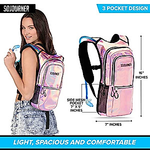 SOJOURNER Rave Hydration Pack Backpack - 2L Water Bladder Included for Festivals, Raves, Hiking, Biking, Climbing, Running and More (Medium) (Holographic - Pink)