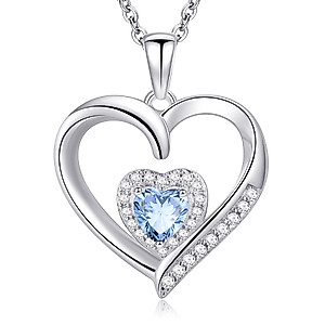 GLIVEOR Birthday Gifts for Women Heart Necklace, S925 Sterling Silver Necklace Birthstone Necklace Heart Necklace for Women Birthday Jewelry Gifts for Women March Birthstone Necklace