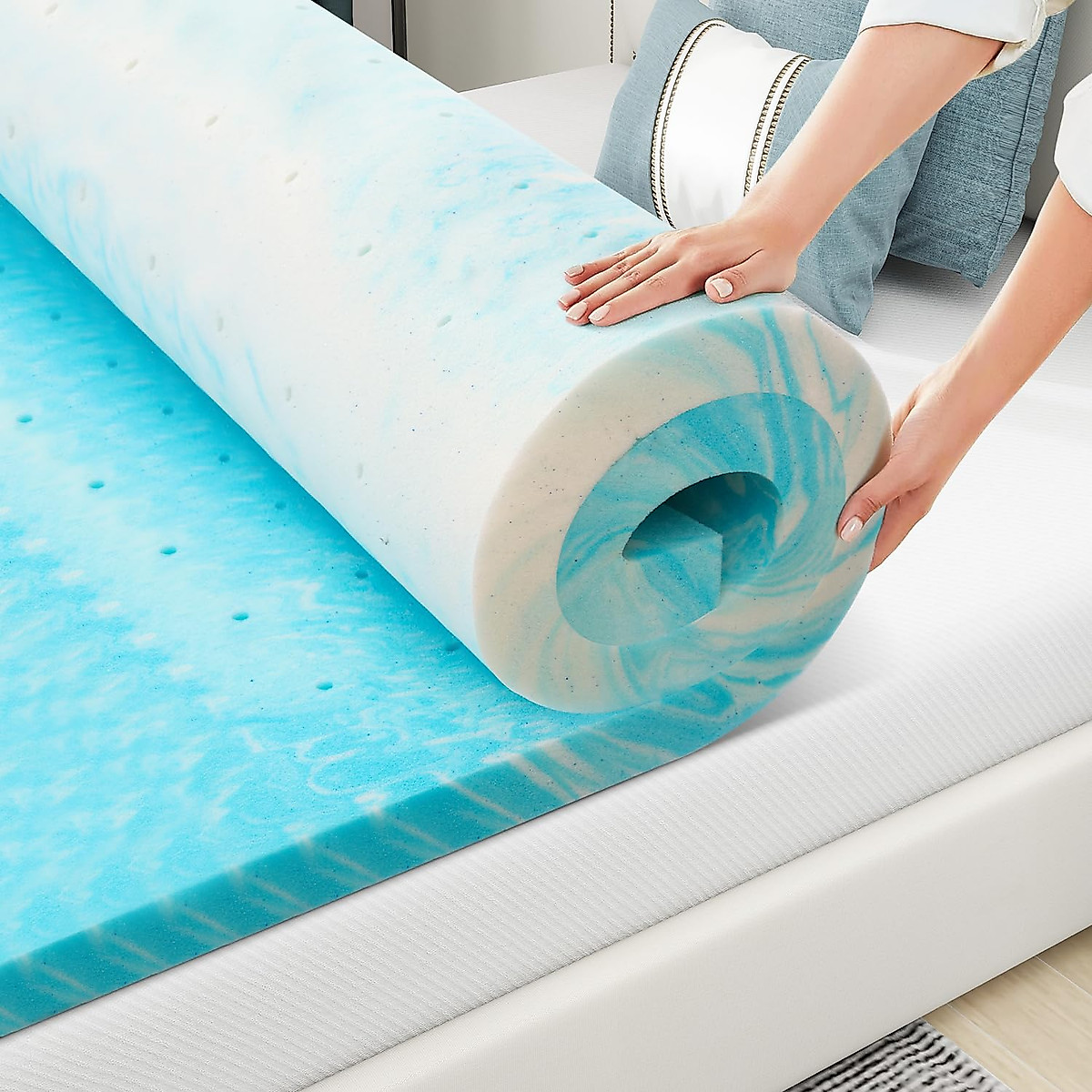 MUUEGM 4 Inches Memory Foam Mattress Topper Full Size,Gel Infused Memory Foam Cooling Ventilated Breathable Blue Mattress Pad Back Pain Relief