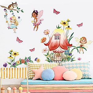 decalmile Fairy Mushroom Wall Stickers Butterfly Fairy Flowers Wall Decals Girls Bedroom Kids Room Baby Nursery Wall Decor