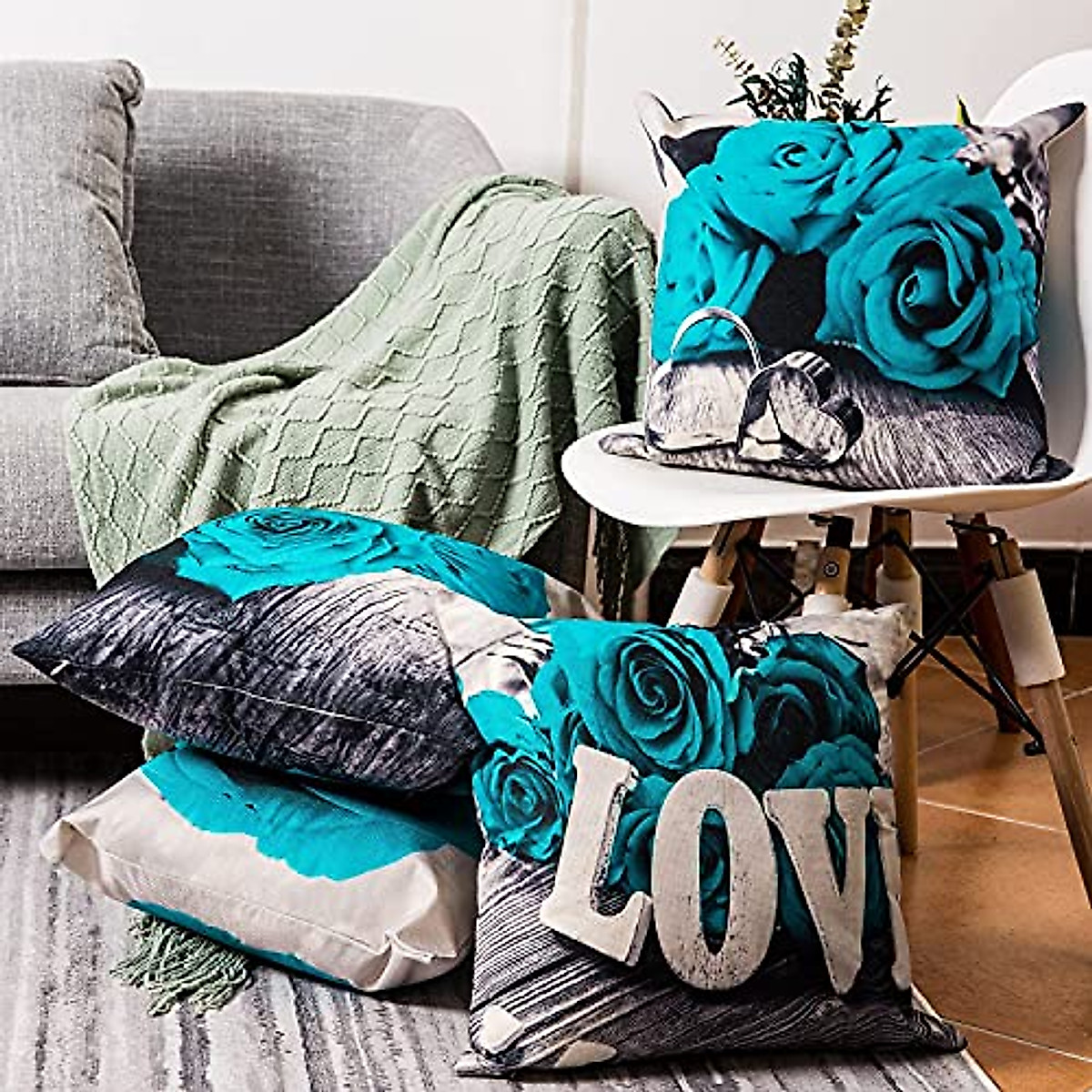Teal Green Throw Pillow Covers 18x18 Set of 4, Turquoise Rose Flower Couch Pillow Cover Outdoor Patio Furniture Home Decor， Linen Cotton Square Grey Dark Blue Pillowcases Living Room Sofa Decorative