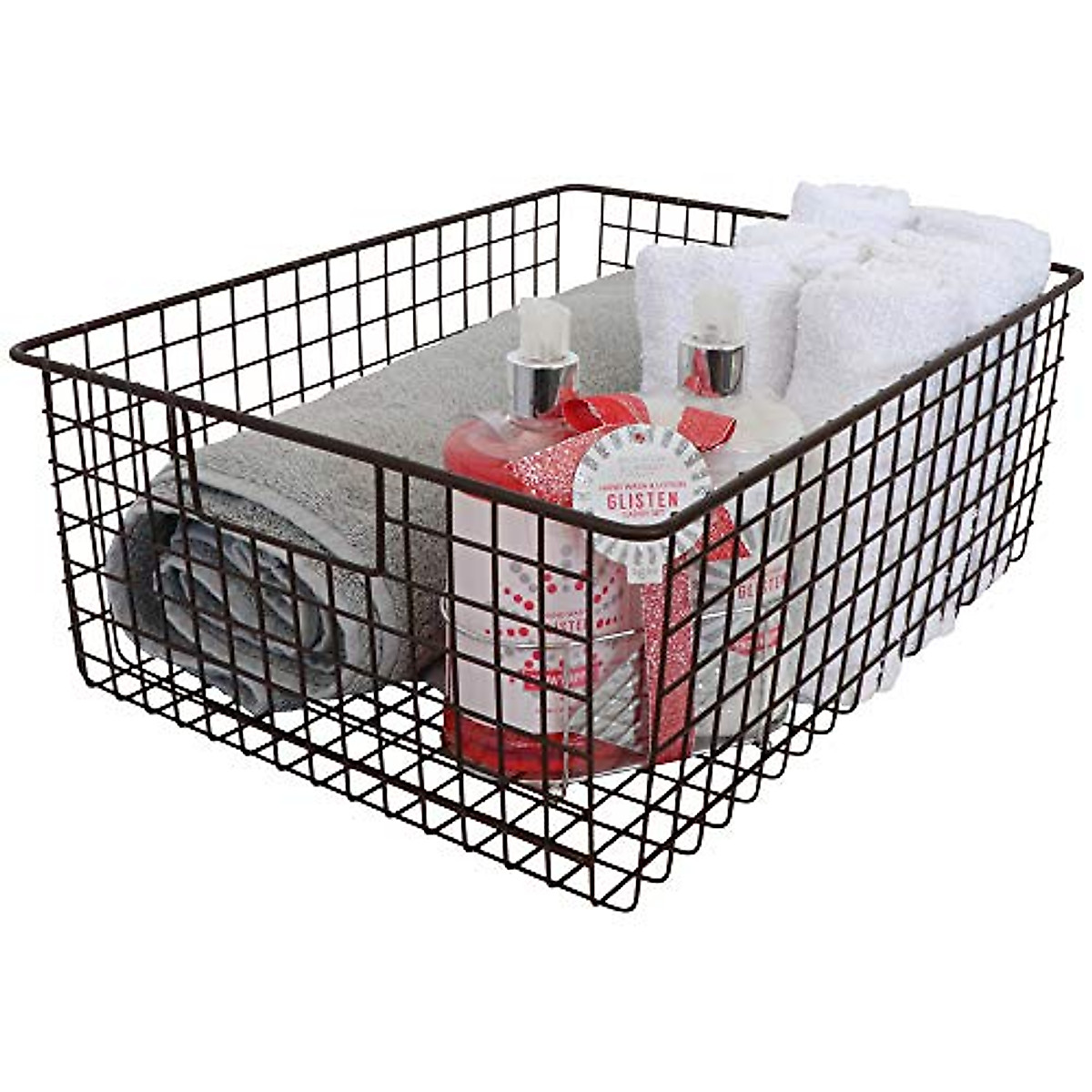 Kitchen Basics 101 Large Farmhouse Metal Wire Storage Basket Bins with Handles 16" x 12" x 6" Closets, Shelves, Cabinets, Bathrooms (Bronze, 2)