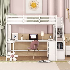 Harper & Bright Designs Full Loft Bed with Desk and Storage Shelves, Wood Full Size Loft Bed with Storage Staircase, High Loft Bed Full with Slat Support for Kids, Boys,Girls,Teens, Adults, White