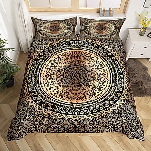 Castle Fairy Brown Black Mandala Bedding Set King Size,Boho Trippy Duvet Cover Set for Kid Teen Boys Girls,Bohemian Art Comforter Cover Decorative Room,Indian Hippie Quilt Cover with 2 Pillowcases