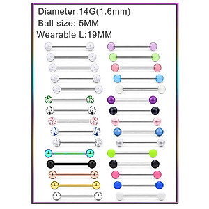 Prjndjw 14G, 3/4in(19mm) L, 30PCS, 5mm Ball Barbell Tongue Ring. Surgical Steel Nipple Piercing/Glow in The Dark/Created Pearl/Body Jewelry for Woman Unisex