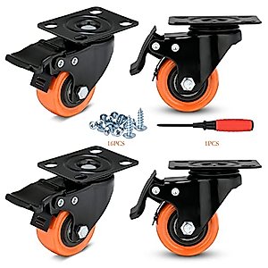 2" Caster Wheels Load 600 Lbs, Orange Polyurethane Castors, Top Plate Swivel Wheels, Casters Set of 4, Locking Casters for Furniture and Workbench, Heavy Duty Casters, 4 Pack Casters with Brake