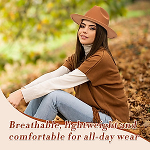 Sureio 16 Pcs Winter Fedora Hat Wide Brim Hat with Belt Buckle Woolen Flat Brim Hats for Women Costume Outfit Accessories (Camel)