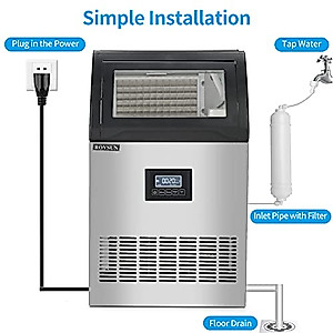 ROVSUN 200lbs/24h Commercial Ice Maker, Freestanding Ice Machine with LED Control Panel & Storage Bin, Perfect for Restaurant Bar Cafe Home Office, Includes Scoop & Connection Hose