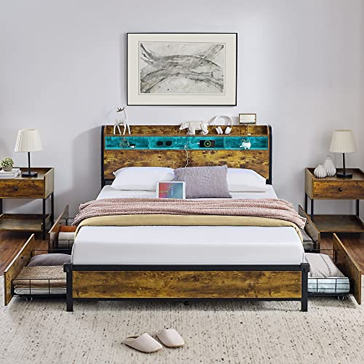 Alohappy Queen Bed Frame with LED Lights and Charging Station, Metal Platform Bed Frame with 2 -Tier Storage Headboard and Drawers, No Box Spring Needed, Easy Assembly, Noise Free