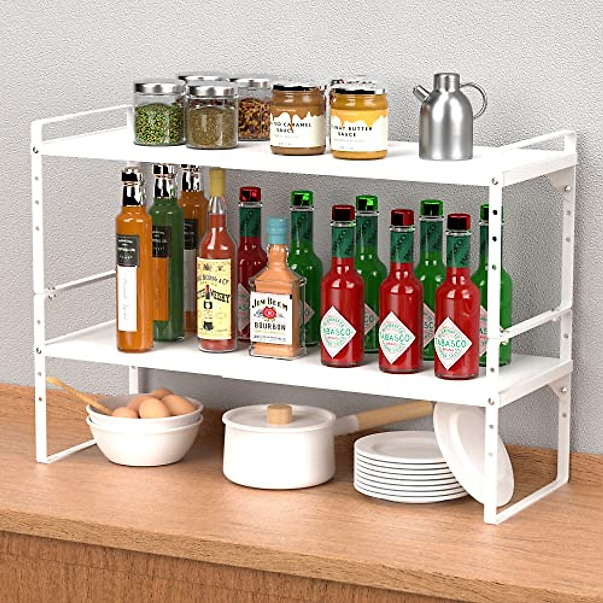 iPEGTOP Expandable Cabinet Storage Shelf Organizer Rack, Heavy Duty Steel Metal Spice Rack Adjustable Height Pantry Garage Shelf Space Riser for Counter Kitchen Organization, White, 1 Pack