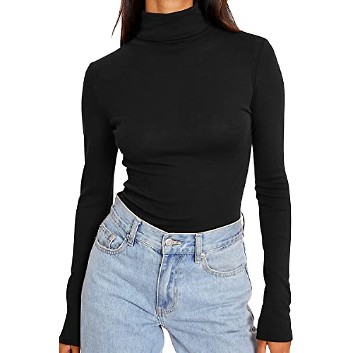 Trendy Queen Womens Long Sleeve Tops Mock Neck Turtleneck Shirts Slim Fit Basic Layering Stretch Soft Thermal Undershirts Trendy Fall Winter Going Out Tops 2024 Black