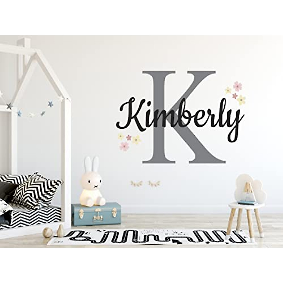 CuteDecals Custom Name and Initial with Flowers Wall Decal - Personalized & Art Mural Girls Decor Stickers for Nursery Bedroom Decoration (Mini Wide 16 inchx10 inch Height)