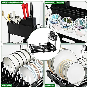 Ollieroo Dish Drying Rack, Rustproof Dish Racks for Kitchen Counter with Removable Utensil Holder,Knife Slots and Cups Holder,Large Capacity Drying Rack for Storage Plates Bowls Cups Utensil(Black)